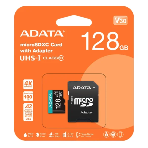 Tarjeta de Memoria ADATA Premier Pro microSDXC/SDHC 128GB, U3, V30, A2, Clase 10, Adaptador ...